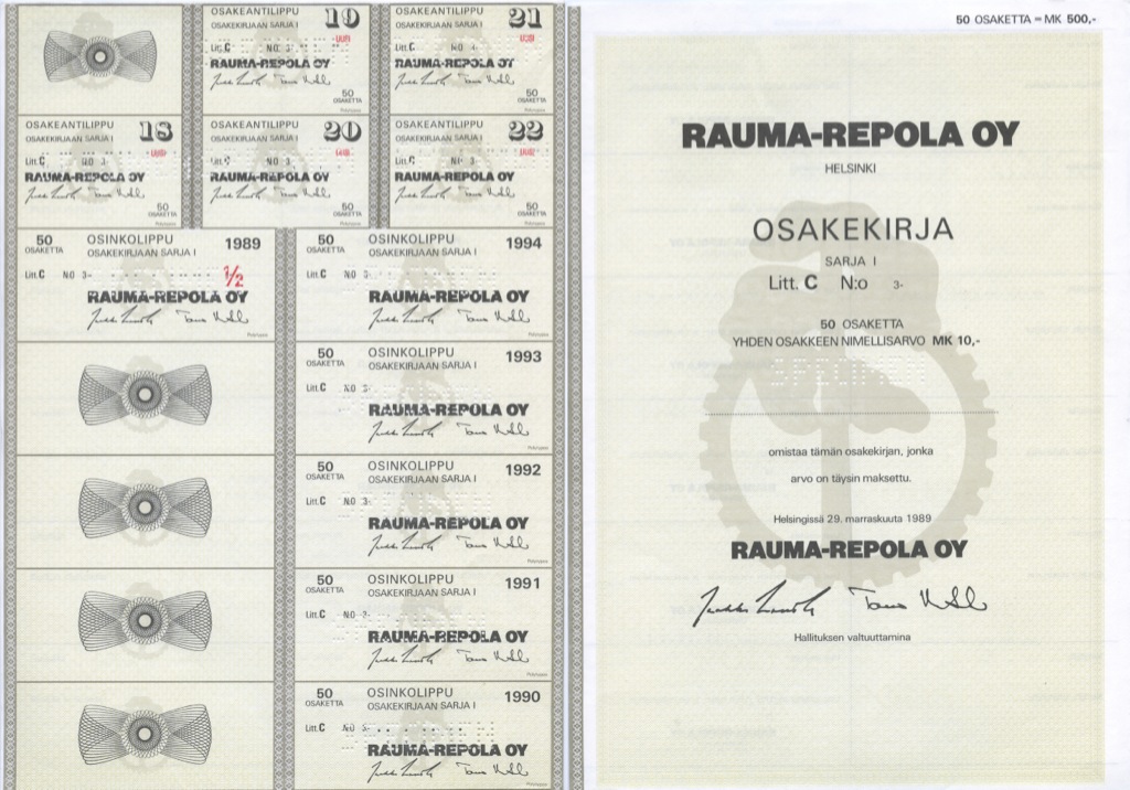 Акционерный сертификат компании «Rauma Repola Oy», образец 1989 ...