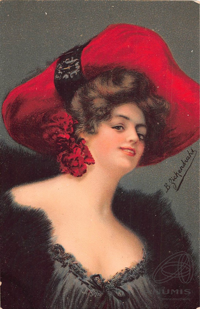 Почтовая карточка художественная цветная «Девушка в красной шляпе художник Бернхардт